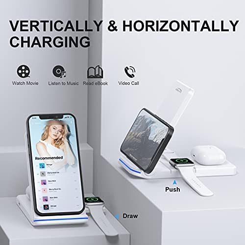 Wireless Charger 3 in 1 Wireless Charging Station Qi Fast Charger Stand for iPhone 13/12/11/Pro/Max/XR/XS/XS Max/X /8/8 Plus, Apple Watch, Airpods 2/Pro, Samsung Galaxy Phone with 18W Adapter, White