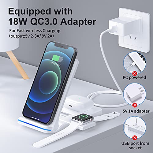 Wireless Charger 3 in 1 Wireless Charging Station Qi Fast Charger Stand for iPhone 13/12/11/Pro/Max/XR/XS/XS Max/X /8/8 Plus, Apple Watch, Airpods 2/Pro, Samsung Galaxy Phone with 18W Adapter, White