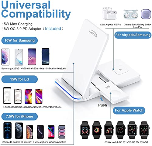 Wireless Charger 3 in 1 Wireless Charging Station Qi Fast Charger Stand for iPhone 13/12/11/Pro/Max/XR/XS/XS Max/X /8/8 Plus, Apple Watch, Airpods 2/Pro, Samsung Galaxy Phone with 18W Adapter, White