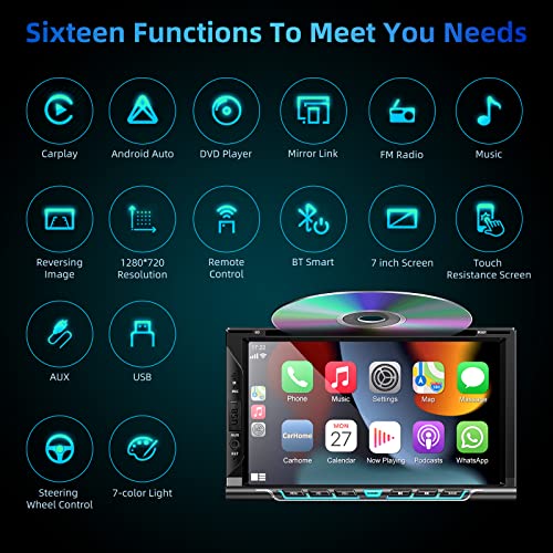 Double Din Car Stereo Radio with CD/DVD Player, 7“ HD Touch Screen Car Stereo with CarPlay & Android Auto, Mirror link, Bluetooth 5.2, Backup Camera, Subwoofer,SWC, AM/FM Car Radio Receiver, AUX Input