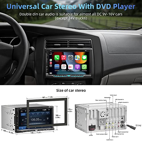 Double Din Car Stereo Radio with CD/DVD Player, 7“ HD Touch Screen Car Stereo with CarPlay & Android Auto, Mirror link, Bluetooth 5.2, Backup Camera, Subwoofer,SWC, AM/FM Car Radio Receiver, AUX Input