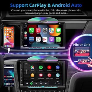 Double Din Car Stereo Radio with CD/DVD Player, 7“ HD Touch Screen Car Stereo with CarPlay & Android Auto, Mirror link, Bluetooth 5.2, Backup Camera, Subwoofer,SWC, AM/FM Car Radio Receiver, AUX Input