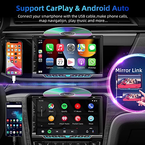 Double Din Car Stereo Radio with CD/DVD Player, 7“ HD Touch Screen Car Stereo with CarPlay & Android Auto, Mirror link, Bluetooth 5.2, Backup Camera, Subwoofer,SWC, AM/FM Car Radio Receiver, AUX Input