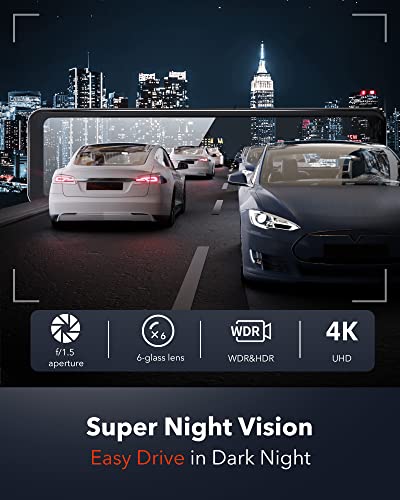 REDTIGER Rear View Mirror Camera 11'' UHD 4K Front and 1080P Rear View Mirror Dual Cameras for Cars,GPS,Parking Monitor,Night Vision,Smart Reverse Parking Assistance,Touchscreen,Free 32 GB Card