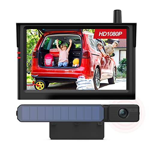 Magnetic Solar Wireless Backup Camera with HD 1080P, IP69K Car Back Up Camera Systems, Reverse Hitch Guide Rear View Camera with Monitor for Car/Truck/Trailer/RV/Van