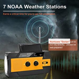 2022 Newest Emergency Crank Radio，4000mAh-Solar Hand Crank Portable AM/FM/NOAA Weather Radio with 1W Flashlight & Motion Sensor Reading Lamp，Cell Phone Charger,SOS Alarm for Home and Emergency(Orange)