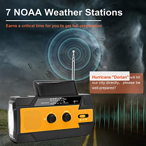 2022 Newest Emergency Crank Radio，4000mAh-Solar Hand Crank Portable AM/FM/NOAA Weather Radio with 1W Flashlight & Motion Sensor Reading Lamp，Cell Phone Charger,SOS Alarm for Home and Emergency(Orange)