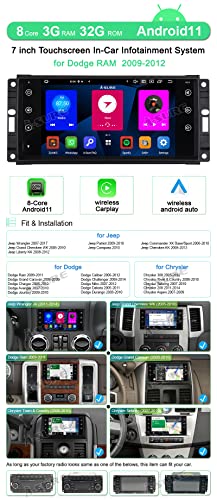 7 inch 8Core 3G+32G Android 12 Wireless Carplay Android Auto Car Stereo Radio for 2006-2010 Grand Cherokee Dodge Ram 1500 Chrysler 300 Sebring Touchscreen In-Dash GPS Navigation Unit with WiFi SWC DSP