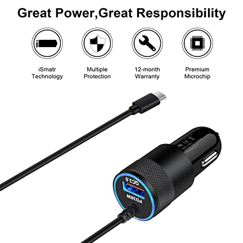 Fast Car Charger for Samsung Galaxy A54/A34/A52s 5G/S22 Ultra 5G/A53 5G,QC18W+PD30W Quick Charging Cigarette Adapter with 3ft USB C Cable for iPhone 14 Pro/13 Pro Max/12/11,Google Pixel 7 Pro/7/6