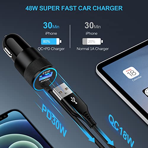 Fast Car Charger for Samsung Galaxy A54/A34/A52s 5G/S22 Ultra 5G/A53 5G,QC18W+PD30W Quick Charging Cigarette Adapter with 3ft USB C Cable for iPhone 14 Pro/13 Pro Max/12/11,Google Pixel 7 Pro/7/6