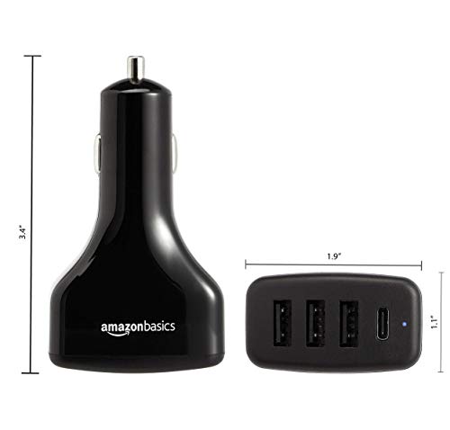 Amazon Basics 54W 4-Port USB Car Charger, with 1 USB-C (18W) Port with Power Delivery and 3 USB-A (12W) Ports - Black