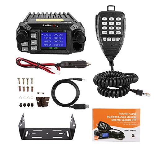 Radioddity DB25 Pro Dual Band Quad-Standby Mini Mobile Car Truck Radio, 4 Color Display, 25W Vehicle Transceiver with Cable + High Gain Quad Band Antenna