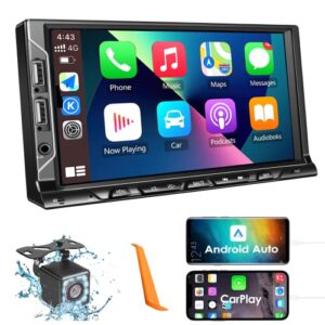 double din car stereo with apple carplay and android auto, car audio receiver with voice control, 7 inch touchscreen car radio, bluetooth, fm, av in/usb port, mirror link, backup camera