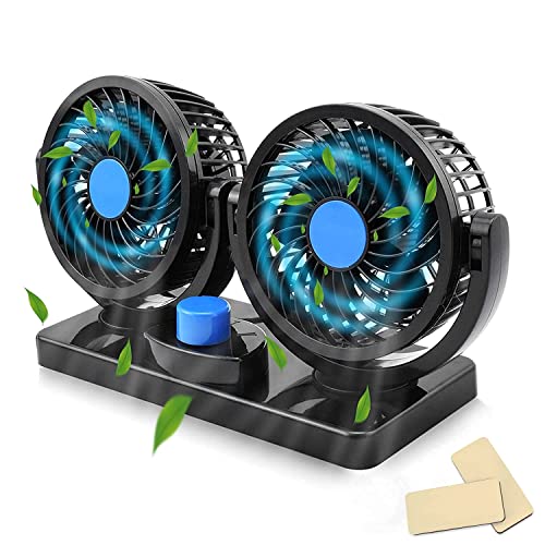 Car Fan 12V, Electric Car Cooling Fan with 360 Degree Adjustable Dual Head That Plugs into Cigarette Lighter/Quiet Noise Auto Fan for Car Truck Van SUV RV Boat Golf Vehicles