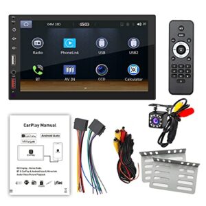 Double Din Car Stereo with Apple CarPlay/Android Auto/Mirror-Link, 7 Inch Touchscreen Radio Receiver with Bluetooth 5.1 Handsfree and Backup Camera, FM USB AUX RCA Audio Video Player