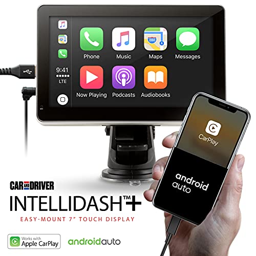 Car and Driver INTELLIDASH with Apple Carplay and Android Auto, 7'' IPS Touchscreen Multimedia Player with Bluetooth, Mirror Link, SiriusXM, Google, Siri Assistant Dash or Windshield Mounted (Wired)