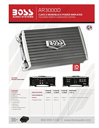 BOSS Audio Systems AR3000D Class D Car Amplifier - 3000 Watts, 1 Ohm Stable, Digital, Monoblock, Mosfet Power Supply