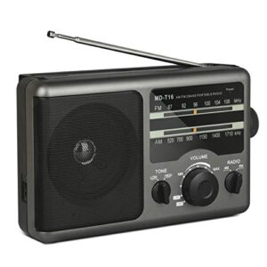 portable am fm radio transistor radio operated by 4 d-cell batteries or ac power with excellent reception, large speaker, 3.5 mm earphone jack, two tone mode, big handle for outdoor or indoor