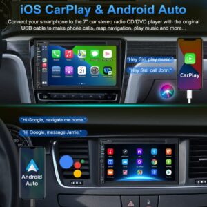 Double Din Car Stereo with CD DVD, Backup Camera Supports CarPlay/Android Auto, 7 inch Touchscreen Car Radio Bluetooth 5.2, AM/FM Radio Receiver Head Unit with Mirror Link, SWC, Subwoofer, USB/TF/AUX