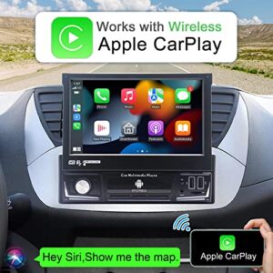 Wireless CarPlay Single Din Car Stereo Wireless Android Auto 7 Inch Flip Out Touch Screen Car Radio GPS Navigation Bluetooth FM WiFi Flip Up Touchscreen Car Audio Receiver USB/TF/AUX Port Head Unit