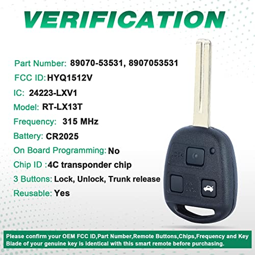 Beefunny Replacement Remote Car Key Fob 4C Chip for Lexus ES300 GS300 IS300 1998-2005 HYQ1512V Short Blade  (1)