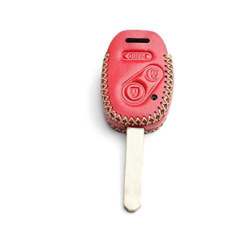 WFMJ Leather for Honda Fit Odyssey Ridgeline Accord CR-V CR-Z Insight 3 Buttons Key Case Cover Fob Chain (Red)