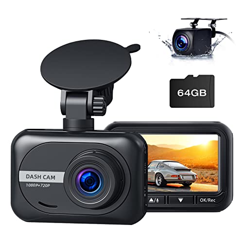 LAMTTO 1080P Full HD Dash Cam Front and Rear with SD Card, Dual Dash Camera for Cars, 2.45" IPS Screen Car Camera with Waterproof Backup Cam, WDR Motion Detection Parking Monitor G-Sensor