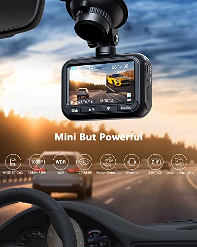 LAMTTO 1080P Full HD Dash Cam Front and Rear with SD Card, Dual Dash Camera for Cars, 2.45" IPS Screen Car Camera with Waterproof Backup Cam, WDR Motion Detection Parking Monitor G-Sensor