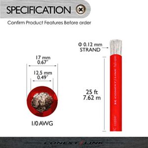 Conext Link 25 FT 1/0 AWG 0 GA Full Gauge Battery Power Cable Ground Wire Frost Red OFC Copper （10047）