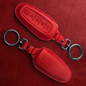 Tukellen for Ford Leather Key Fob Cover Key Shell Case for Ford C-Max Edge Escape Expedition Explorer Flex Focus Taurus Lincoln MKS MKT MKX -Red