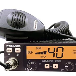 President Adams FCC CB Radio, Large LCD with 7 Colors, Programmable EMG Channel Shortcuts, Roger Beep and Key Beep, Electret or Dynamic Mic, ASC and Manual Squelch, Talkback