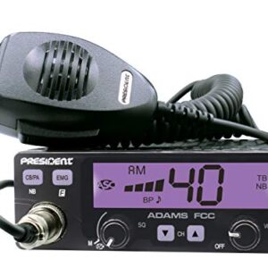 President Adams FCC CB Radio, Large LCD with 7 Colors, Programmable EMG Channel Shortcuts, Roger Beep and Key Beep, Electret or Dynamic Mic, ASC and Manual Squelch, Talkback