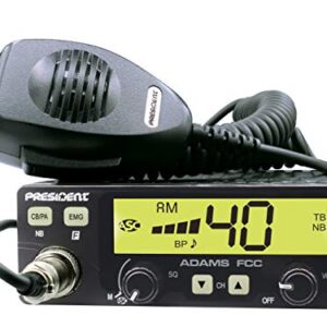 President Adams FCC CB Radio, Large LCD with 7 Colors, Programmable EMG Channel Shortcuts, Roger Beep and Key Beep, Electret or Dynamic Mic, ASC and Manual Squelch, Talkback