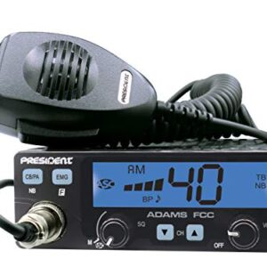 President Adams FCC CB Radio, Large LCD with 7 Colors, Programmable EMG Channel Shortcuts, Roger Beep and Key Beep, Electret or Dynamic Mic, ASC and Manual Squelch, Talkback