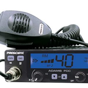 President Adams FCC CB Radio, Large LCD with 7 Colors, Programmable EMG Channel Shortcuts, Roger Beep and Key Beep, Electret or Dynamic Mic, ASC and Manual Squelch, Talkback