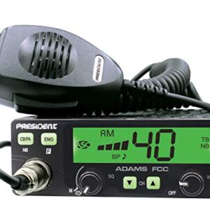 President Adams FCC CB Radio, Large LCD with 7 Colors, Programmable EMG Channel Shortcuts, Roger Beep and Key Beep, Electret or Dynamic Mic, ASC and Manual Squelch, Talkback