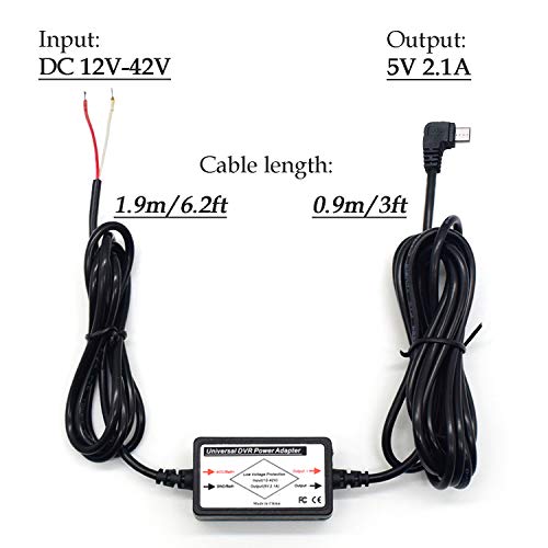 DC 12V to 5V Micro USB Cable Right Angle Plug, Dash Cam Hardwire Kit Micro USB Charger Car Direct Wired Charging Cable for Dash Cameras GPS Navigator Tablet DVR Recorder, Accept DC 12-24V Input