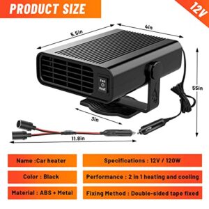 kancehinage Car Heater 12V 120W Portable 2 in 1 Heating and Cooling Fan with Plug in Cigarette Lighter Windshield Defogger and Defroster 360°Rotatable Base With Car Cigarette Lighter Splitter