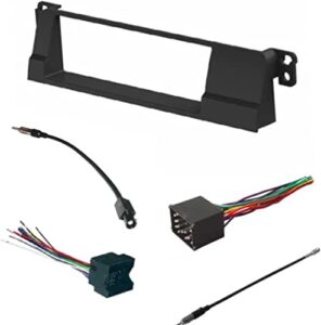 asc car stereo install dash kit, wire harness, and antenna adapter for installing a single din aftermarket radio for 1999 2000 2001 2002 2003 2004 2005 bmw e46 318 323 325 328 330