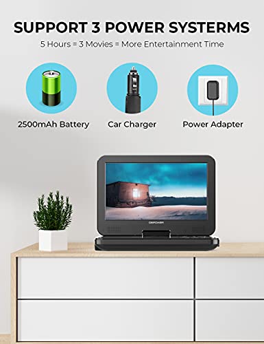 DBPOWER 12" Portable DVD Player with 5-Hour Rechargeable Battery, 10" Swivel Display Screen and SD/ USB Port, with 1.8m Car Charger, Power Adaptor and Car Headrest Mount, Region Free (Black)