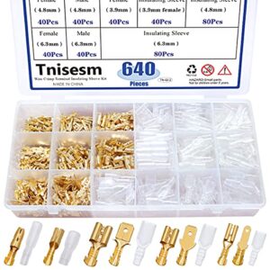 tnisesm 640pcs 2.8/4.8/6.3mm male and female spade connector & bullet connectors terminals wire crimp terminal with insulating sleeve assortment kit for car audio speaker electrical wiring tn-02-2