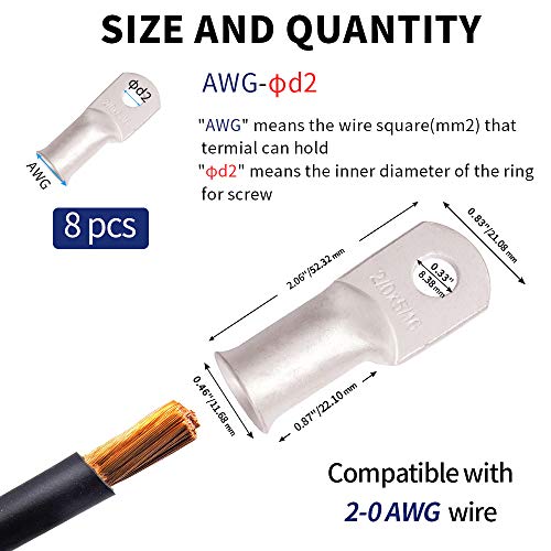 2/0 AWG - 5/16" Tinned Copper Lugs, 8pcs UL Listed Wire Lugs 2/0 Gauge Battery Cable Ends Heavy Duty Ring Terminal Closed End Crimp Connectors Kit with 3:1 Heat Shrink Tubings.