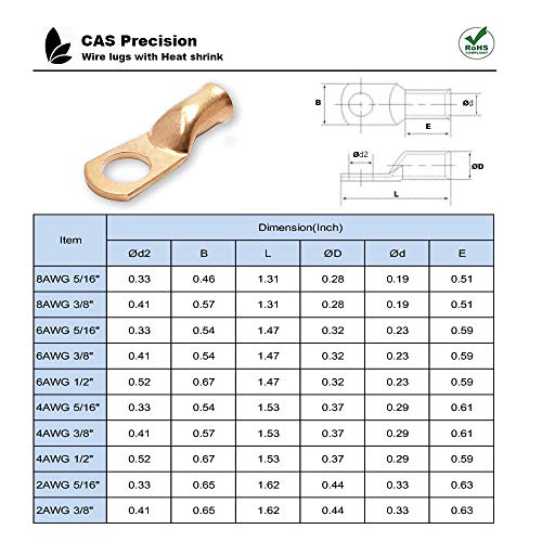 Ring Terminal Connectors Battery Wire Lugs Pure Copper Heavy Duty Cable Ends with Heat Shrink Tube 2AWG 4AWG 6AWG 8AWG (4AWG 5/16" Ring)