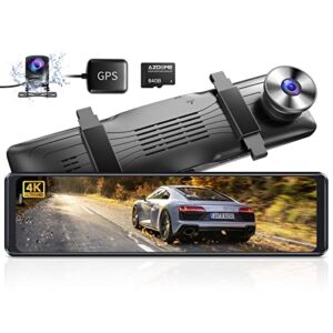 azdome 12″ 4k mirror dash cam, split-screen display rear view mirror camera, waterproof backup camera, dual dash camera for cars, night vision, parking monitor, 64gb card & gps