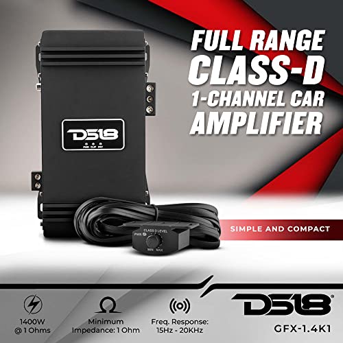 DS18 GFX-1.4K1 Car Audio Amplifier 1-Channel Class D Full-Range Monoblock 1400 Watts Rms 1-Ohm - Compact Design Easy Installation - Powerful Amp for Vehicle Sound Systems