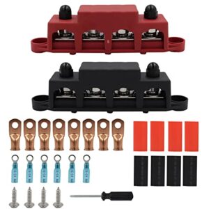 Heart Horse Power Distribution Block Battery Bus Bar 4 Post 5/16'' Terminal Stud Junction Block Insulated with Cover and Ring Terminals DC48V 250 Amp for Marine RV Boat Automotive (5/16'', Red+Black)