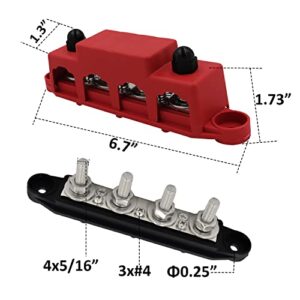 Heart Horse Power Distribution Block Battery Bus Bar 4 Post 5/16'' Terminal Stud Junction Block Insulated with Cover and Ring Terminals DC48V 250 Amp for Marine RV Boat Automotive (5/16'', Red+Black)