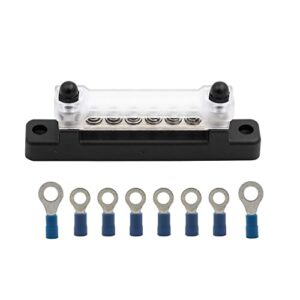 6 terminal bus bar kit – 150a bus bar block with cover & heat shrink terminals; ground distribution, power distribution terminal block for automotive and marine