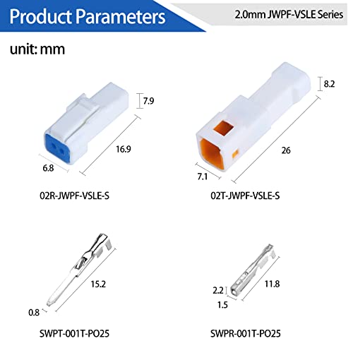 MUYI 5 Kits 2 Pin Way JST Waterproof Connector 26-22 AWG Electric Socket 0.13~0.33mm² Wire-to-Wire Connectors 2.0mm JWPF-VSLE Series JST Plugs