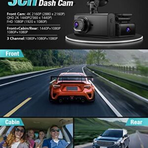 OMBAR 3 Channel Dash Cam, Built-in WiFi GPS, eMMC 64G Storage, 4K Front Dash Cam, 2K+1080P Car Camera Front and Cabin/Rear, 1080P+1080P+1080P Dashcams for Cars with 3.99" IPS Screen, IR Night Vision